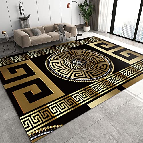 Retro Black Gold Greek Key Area Rug, Non Slip Noise Reduction Kids Rugs, Machine Washable Durable Carpet for Indoor Living Room Bedroom Office Decor Mat - 4' by 6'