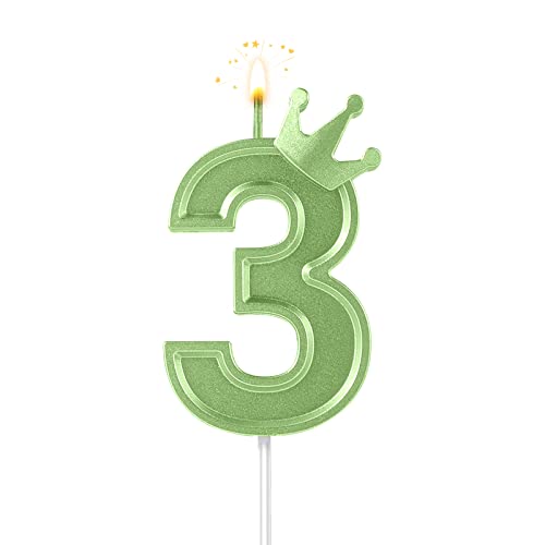 3inch Birthday Number Candle, 3D Candle Cake Topper with Crown Cake Numeral Candles Number Candles for Birthday Anniversary Parties (Green; 3)