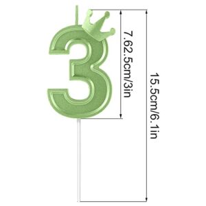 3inch Birthday Number Candle, 3D Candle Cake Topper with Crown Cake Numeral Candles Number Candles for Birthday Anniversary Parties (Green; 3)