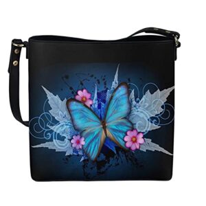 wellflyhom blue butterfly handbag for women crossbody bucket bags trendy tote purses pu leather hobo bag work satchel shoulder bag travel wallet organizer gifts for girls messenger pouches