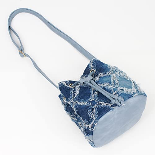 Hyuyikuwol Women Denim Mini Bucket Shoulder Crossbody Bag Drawstring Quilted Distressed Tassel Barrel Shape Satchel Purse, Blue