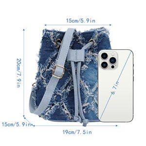 Hyuyikuwol Women Denim Mini Bucket Shoulder Crossbody Bag Drawstring Quilted Distressed Tassel Barrel Shape Satchel Purse, Blue