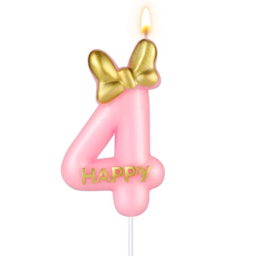 5.8cm / 2.28in Pink Birthday Candles, Cute Candle Cake Topper with Bow Knot Cake Numeral Candles Number Candles for Girls Birthday Anniversary Parties (4)