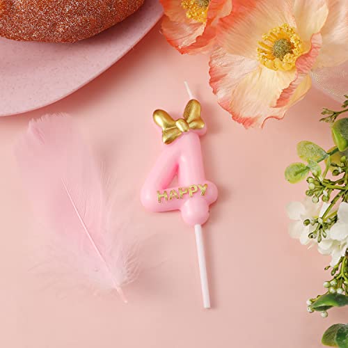 5.8cm / 2.28in Pink Birthday Candles, Cute Candle Cake Topper with Bow Knot Cake Numeral Candles Number Candles for Girls Birthday Anniversary Parties (4)