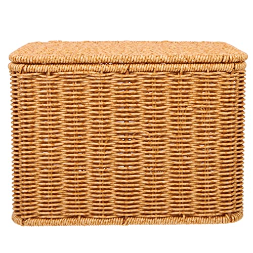 OUNONA Rattan Storage Basket with Lid Woven Shelf Baskets Plastic Handwoven Wicker Basket Organizer Boxes Home Decor for Makeup Clothes Home Items Shelves Organizing