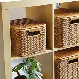 OUNONA Rattan Storage Basket with Lid Woven Shelf Baskets Plastic Handwoven Wicker Basket Organizer Boxes Home Decor for Makeup Clothes Home Items Shelves Organizing