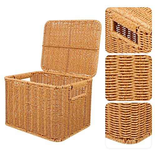 OUNONA Rattan Storage Basket with Lid Woven Shelf Baskets Plastic Handwoven Wicker Basket Organizer Boxes Home Decor for Makeup Clothes Home Items Shelves Organizing