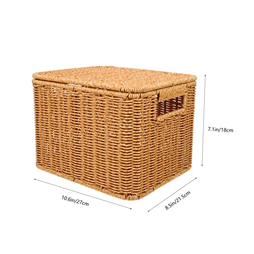 OUNONA Rattan Storage Basket with Lid Woven Shelf Baskets Plastic Handwoven Wicker Basket Organizer Boxes Home Decor for Makeup Clothes Home Items Shelves Organizing