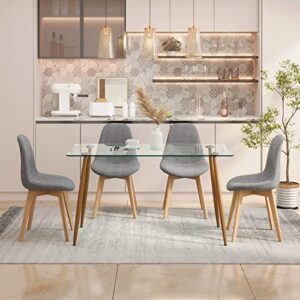 Tangkula 5 Pieces Dining Room Table Set, Modern Table & Chair Set for 4, 4 Grey Fabric Dining Chairs with Glass Dining Table for Small Living Room, Kitchen