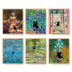 funny black cat wall art prints set of 6 canvas artwork cat lover posters gift cute room aesthetic vintage floral matisse monet van gogh for living room bathroom bedroom decor (8″x10″ unframed)