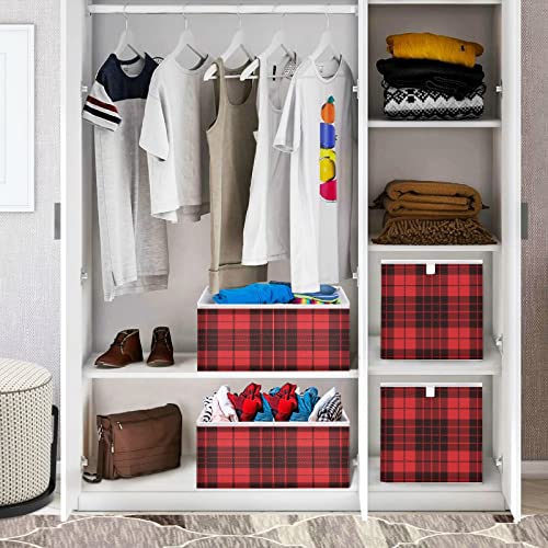 Kigai Red Black Buffalo Plaid Storage Baskets, 16x11x7 in Collapsible Fabric Storage Bins Organizer Rectangular Storage Box for Shelves, Closets, Laundry, Nursery, Home Decor