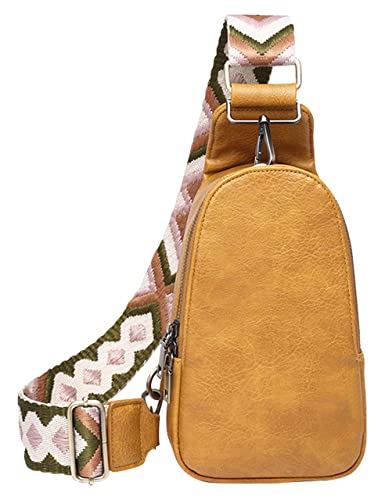 Ocahuel Women Sling Bags Crossbody Chest Bag Purse Vegan Leather Satchel Daypack Guitar Strap Boho Shoulder Backpack Traveling Hiking Yellow