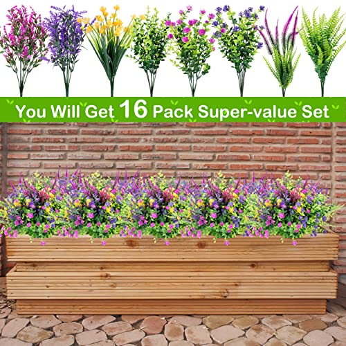 GrennMauler Artificial Flowers, 16pcs UV Resistant Fake Flowers Outdoor, Faux Plastic Flowers for Decoration Home Kitchen Garden Wedding Party Decor