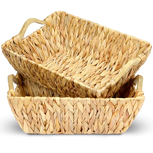 Graciadeco Hand Woven Water Hyacinth Baskets with Wooden Handles Large Natural Shallow Wicker Storage Basket for Organizing Irregular Rectangle, 2 Pack