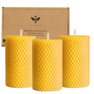 beeswax pillar candles set of 3 – handmade pure beeswax rolled candles for gift & home decor (2×3.3 in)