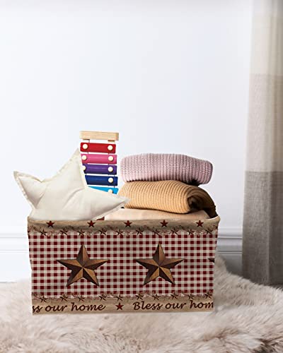 Waterproof Fabric Storage Baskets 1 Pack - 15"x11"x9.5" Oversized Foldable Toy Storage Box Clothes Storage Bins for Home Closet - Western Texas Star Bless our Home Red Plaid Rustic Barn Wood Plank