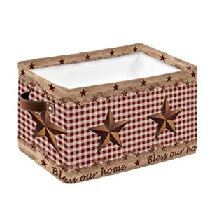 Waterproof Fabric Storage Baskets 1 Pack - 15"x11"x9.5" Oversized Foldable Toy Storage Box Clothes Storage Bins for Home Closet - Western Texas Star Bless our Home Red Plaid Rustic Barn Wood Plank