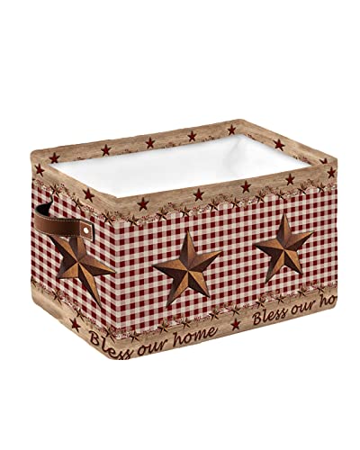 Waterproof Fabric Storage Baskets 1 Pack - 15"x11"x9.5" Oversized Foldable Toy Storage Box Clothes Storage Bins for Home Closet - Western Texas Star Bless our Home Red Plaid Rustic Barn Wood Plank