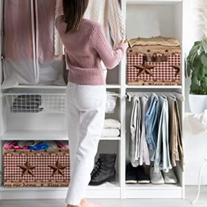 Waterproof Fabric Storage Baskets 1 Pack - 15"x11"x9.5" Oversized Foldable Toy Storage Box Clothes Storage Bins for Home Closet - Western Texas Star Bless our Home Red Plaid Rustic Barn Wood Plank