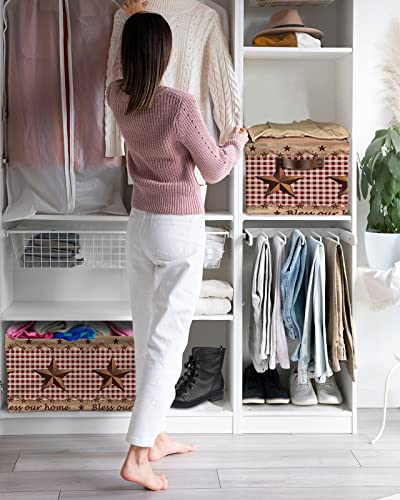 Waterproof Fabric Storage Baskets 1 Pack - 15"x11"x9.5" Oversized Foldable Toy Storage Box Clothes Storage Bins for Home Closet - Western Texas Star Bless our Home Red Plaid Rustic Barn Wood Plank