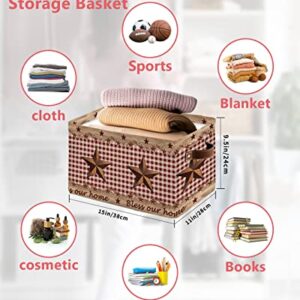 Waterproof Fabric Storage Baskets 1 Pack - 15"x11"x9.5" Oversized Foldable Toy Storage Box Clothes Storage Bins for Home Closet - Western Texas Star Bless our Home Red Plaid Rustic Barn Wood Plank