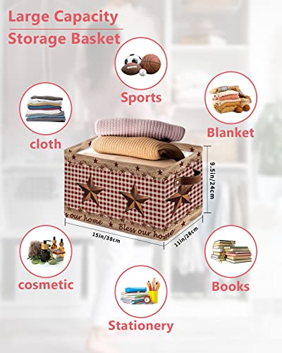 Waterproof Fabric Storage Baskets 1 Pack - 15"x11"x9.5" Oversized Foldable Toy Storage Box Clothes Storage Bins for Home Closet - Western Texas Star Bless our Home Red Plaid Rustic Barn Wood Plank