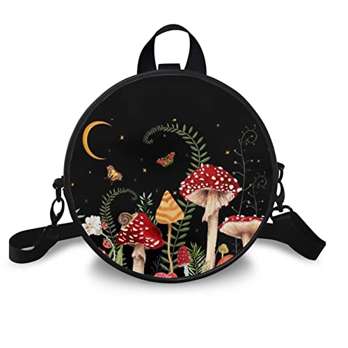 Rnyleeg Fashion Backpack PU Leather Women Sling Crossbody Cartoon Forest Mushroom Purse Shoulder Bag Tote Bag for Women School,Gift for Boys Girls,Black