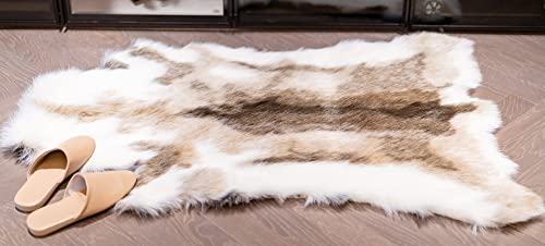 DUPA LIFE Reindeer Print Mixed Beige White ReindeerSkin Faux Fur Reindeer Hide Area Rug for Bedroom, Living Room,Chair Cover. Ultra Soft Fluffy Cozy Washable 3x3.5Feet