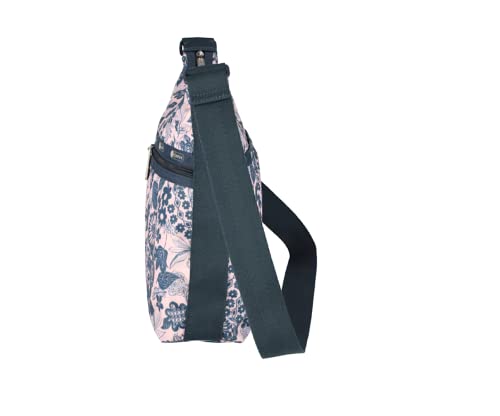 LeSportsac Rooks and Roses Large Hobo Crossbody Bag, Style 3710/Color E483, Slate Blue Whimsical Roses, Graceful Branches & Leaves Artfully Arranged on Pearlized Pastel Pink Bag