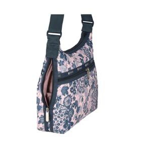 LeSportsac Rooks and Roses Large Hobo Crossbody Bag, Style 3710/Color E483, Slate Blue Whimsical Roses, Graceful Branches & Leaves Artfully Arranged on Pearlized Pastel Pink Bag