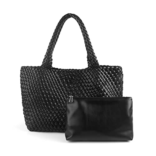 Woven Bag for Women, Vegan Leather Tote Bag Large Summer Beach Travel Handbag and Purse Retro Handmade Shoulder Bag (Black)