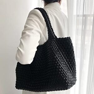 Woven Bag for Women, Vegan Leather Tote Bag Large Summer Beach Travel Handbag and Purse Retro Handmade Shoulder Bag (Black)