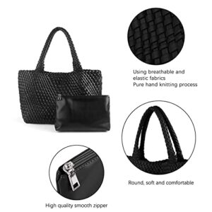 Woven Bag for Women, Vegan Leather Tote Bag Large Summer Beach Travel Handbag and Purse Retro Handmade Shoulder Bag (Black)