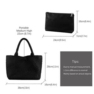 Woven Bag for Women, Vegan Leather Tote Bag Large Summer Beach Travel Handbag and Purse Retro Handmade Shoulder Bag (Black)