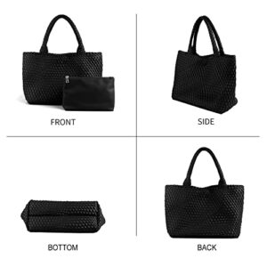 Woven Bag for Women, Vegan Leather Tote Bag Large Summer Beach Travel Handbag and Purse Retro Handmade Shoulder Bag (Black)