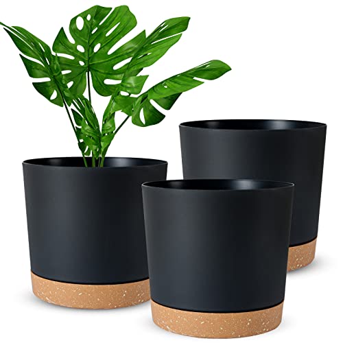 Whonline 3 Pack 8" Plant Pots Indoor, Black Plastic Flower Pots with Drainage Holes and Saucers, Modern Planters for Indoor Plants, Succulents, Flowers, Outdoor Clearance