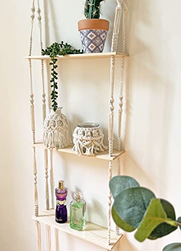 M MANUAL Macrame Wall Hanging Shelf - 3 Tier Wall Shelves Boho Wall Decor Storage Shelf Plant Shelf Bookshelf for Bathroom Bedroom Living Room Handmade Boho Home Decor