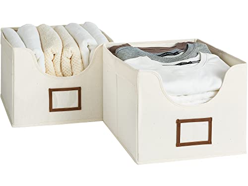 StorageWorks Closet Storage Bins, Open Front Cube Storage Bins with Cutout Window and 2 Handles, Foldable Fabric Clothes Organizer, Large, Beige, 2-Pack