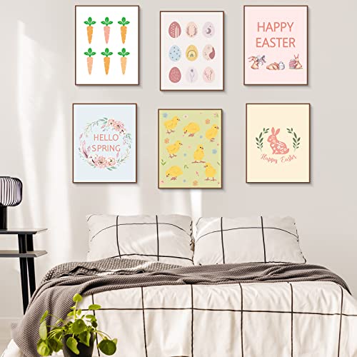 Geyee 6 Pcs Easter Boho Wall Art Bunny Wall Decor 8 x 10 In Canvas Pastel Aesthetic Wall Decor Unframed Bedroom Decor Pictures for Wall Holiday Poster Prints for Living Room (carrot)