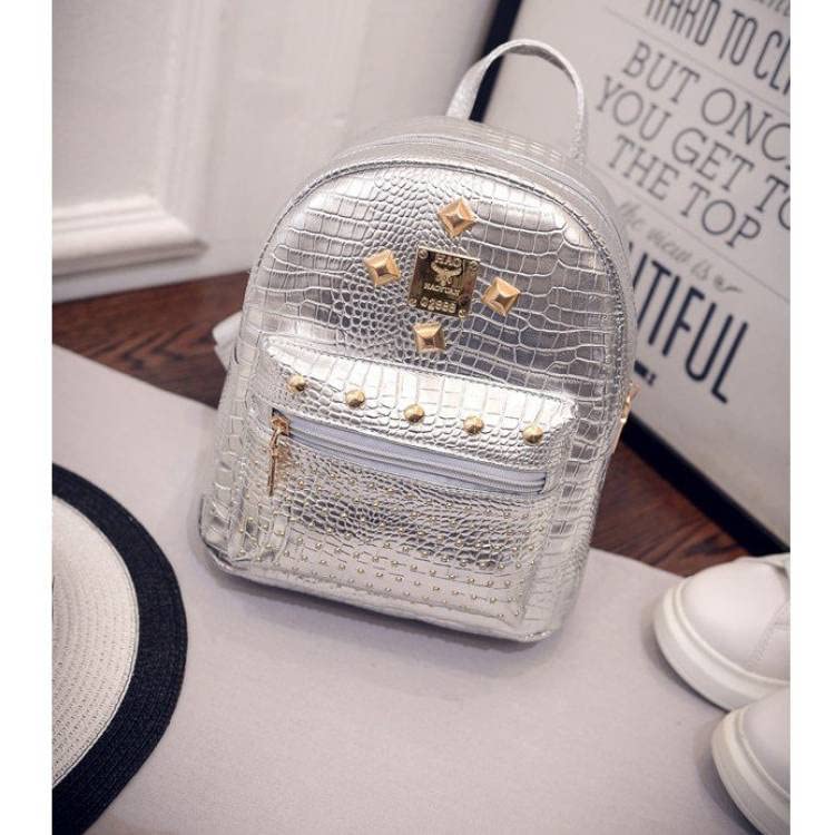 2022 New Mini Backpack Leisure PU Small Backpack Crocodile School Bag Rivet Handbag (?)