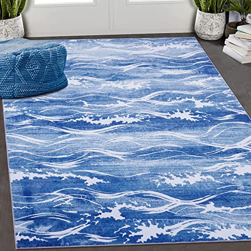 RUGSREAL Throw Area Rug 4x6 Indoor Outdoor Washable Rug Non Slip Low Pile Rug Non-Shedding Ocean Wave Pattern Carpet for Living Room Bedroom Kitchen Home Decor, 4' x 6' Blue