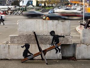 v6904 banksy ukraine 2022 kids seesaw tank trap street art city ruins mural graffiti decor wall 36×24 poster print