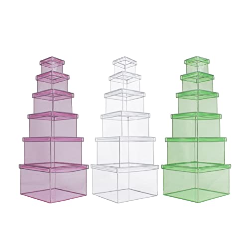 Stackable Pink Clear Cube Organizer, Set of 6 Transparent Box with Lids Assorted Sizes, Nesting Storage