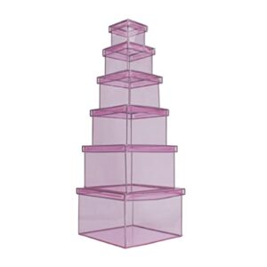 Stackable Pink Clear Cube Organizer, Set of 6 Transparent Box with Lids Assorted Sizes, Nesting Storage