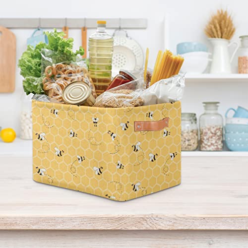 Yellow Bees Pattern Storage Baskets, 2 Pack Storage Bins with Durable Leather Handles Honeycombs Honey Bee Foldable Closet Organizer Bins for Clothing, Blanket, Comforters, Toys