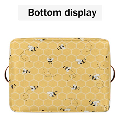 Yellow Bees Pattern Storage Baskets, 2 Pack Storage Bins with Durable Leather Handles Honeycombs Honey Bee Foldable Closet Organizer Bins for Clothing, Blanket, Comforters, Toys