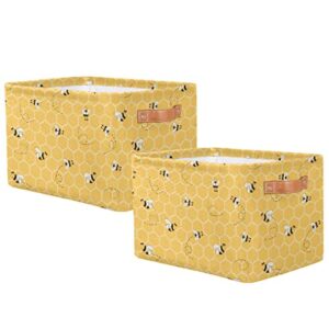 Yellow Bees Pattern Storage Baskets, 2 Pack Storage Bins with Durable Leather Handles Honeycombs Honey Bee Foldable Closet Organizer Bins for Clothing, Blanket, Comforters, Toys