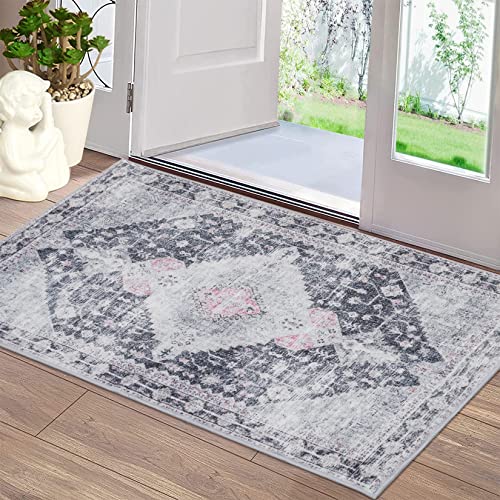 RUGSREAL Area Rug 2'x3' Machine Washable Rugs Grey Boho Rug Persian Distressed Entryway Rug Doormat Non Slip for Living Room, Bedroom, Bathroom, Kitchen, Floor Decoration Carpet Mat