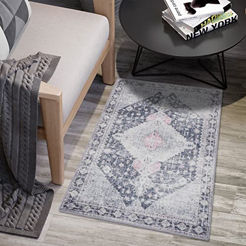 RUGSREAL Area Rug 2'x3' Machine Washable Rugs Grey Boho Rug Persian Distressed Entryway Rug Doormat Non Slip for Living Room, Bedroom, Bathroom, Kitchen, Floor Decoration Carpet Mat