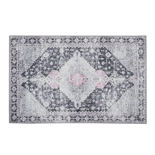 RUGSREAL Area Rug 2'x3' Machine Washable Rugs Grey Boho Rug Persian Distressed Entryway Rug Doormat Non Slip for Living Room, Bedroom, Bathroom, Kitchen, Floor Decoration Carpet Mat